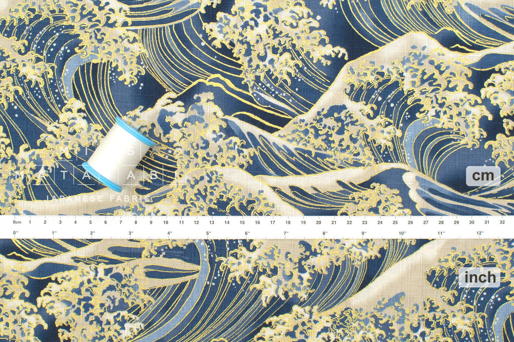 Metallic Gold Waves Blue Miss Matatabi Japanese Fabric